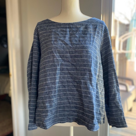 Sigrid Olsen | Tops | Sigrid Olsen Blue White Striped Linen Popover ...